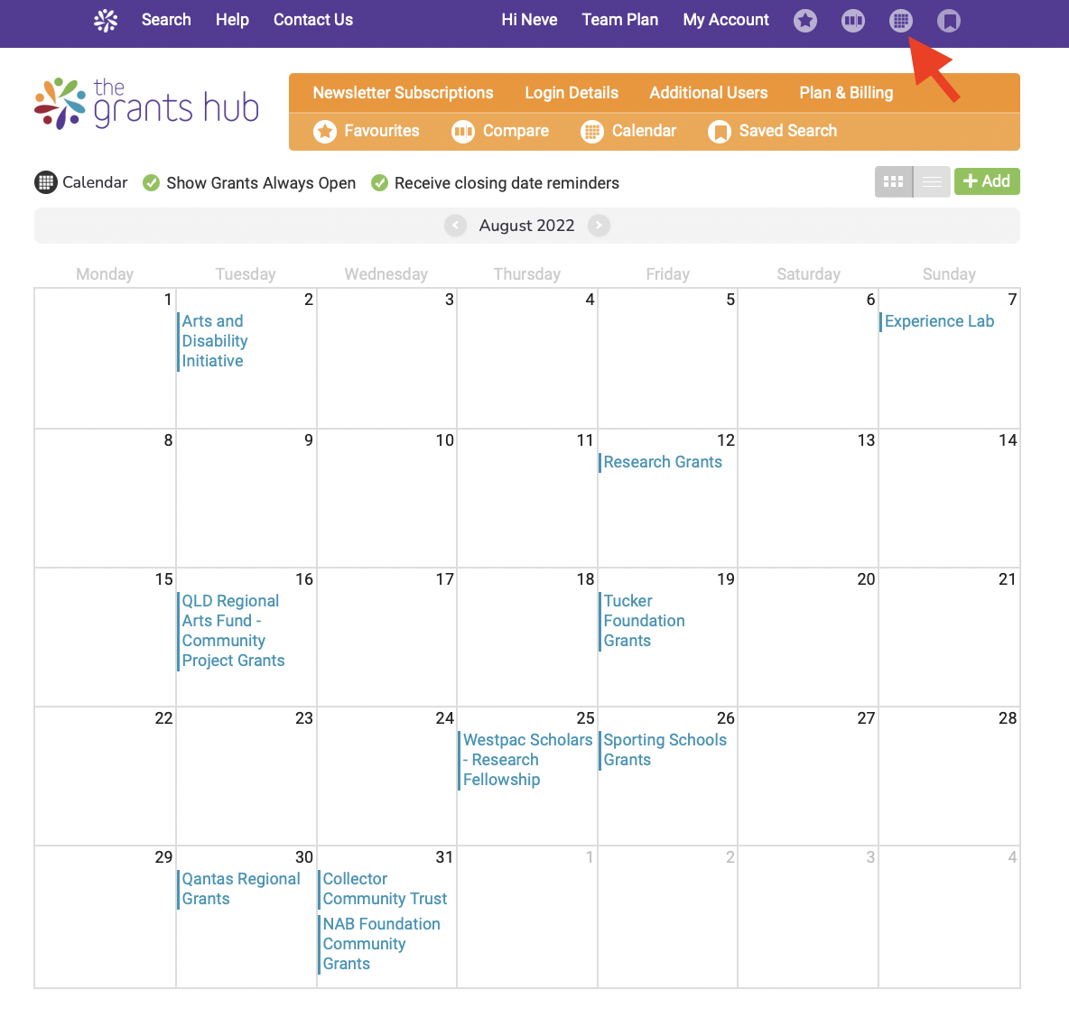 Using your Grants Calendar
